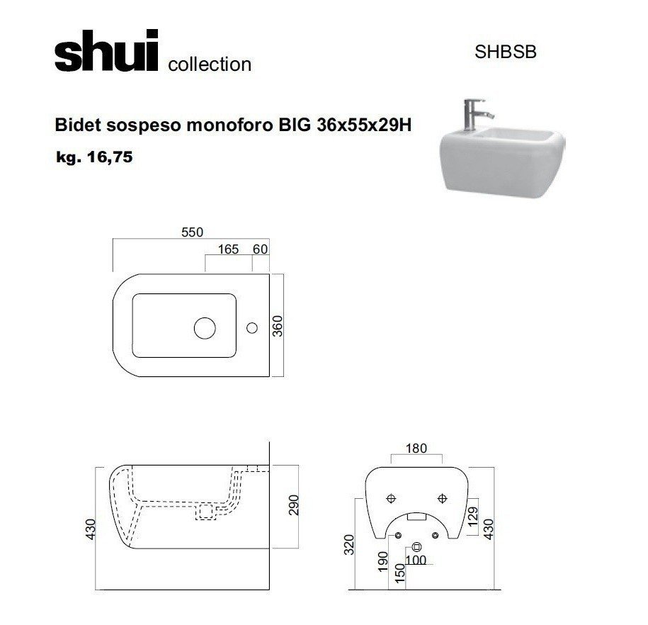 Cielo SHUI SHBSB Arenaria Биде подвесное с отверстием под смеситель ...