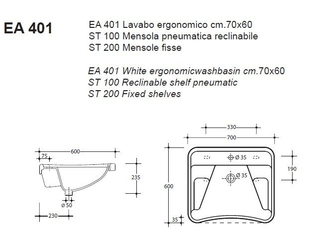 SIMAS Easy EA401 bi Раковина для инвалидов подвесная 70*60 см (белый), купить в магазине ...
