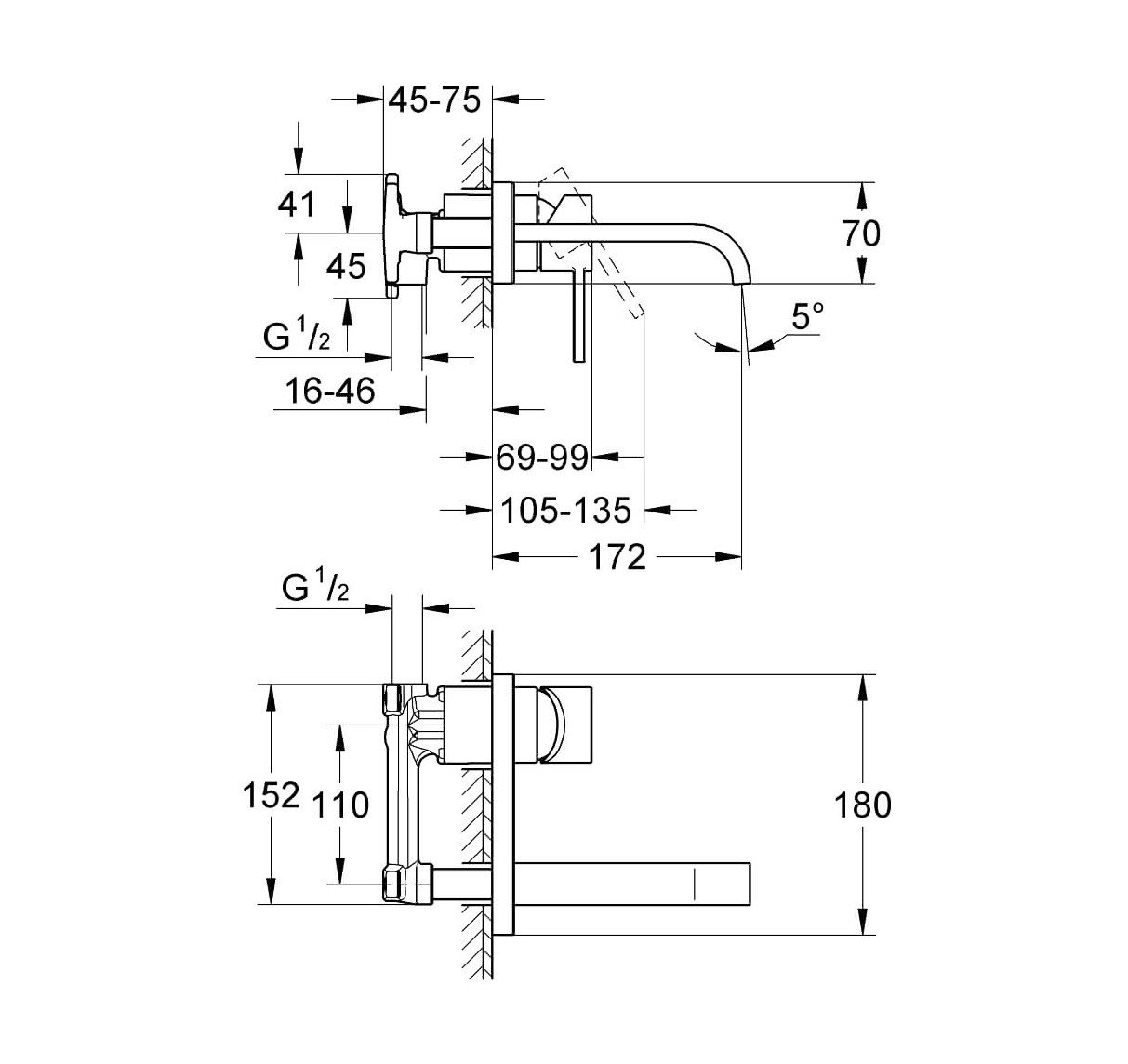 GROHE Allure 19309000 Настенный смеситель для раковины на два отверстия ...