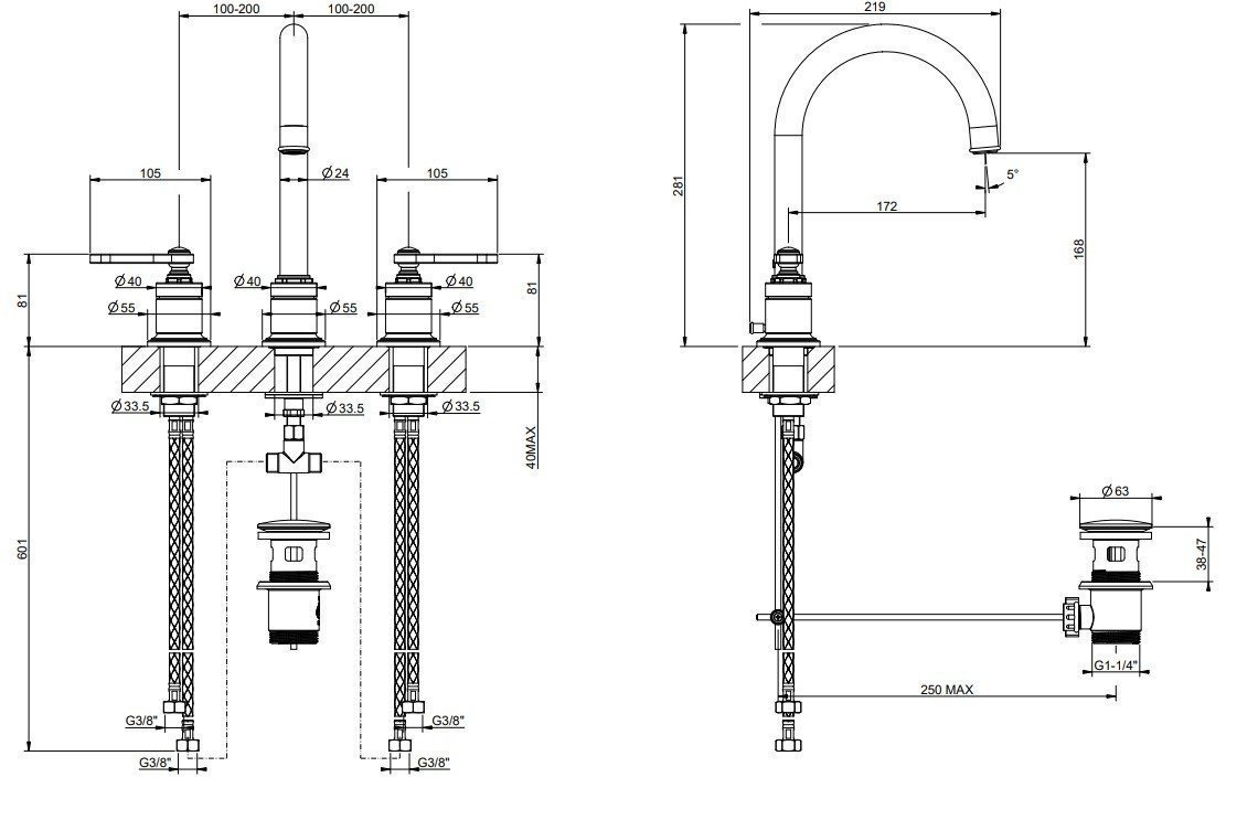 GESSI Venti20 65015.727 Высокий смеситель для раковины на 3 отверстия ...