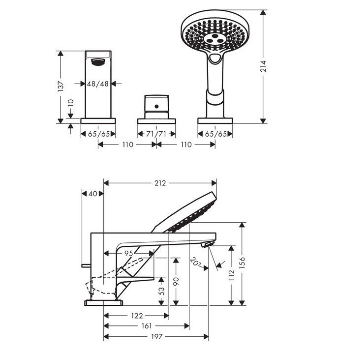 Смеситель на борт ванны, на 3 отверстия 32550000 Hansgrohe Metropol ...