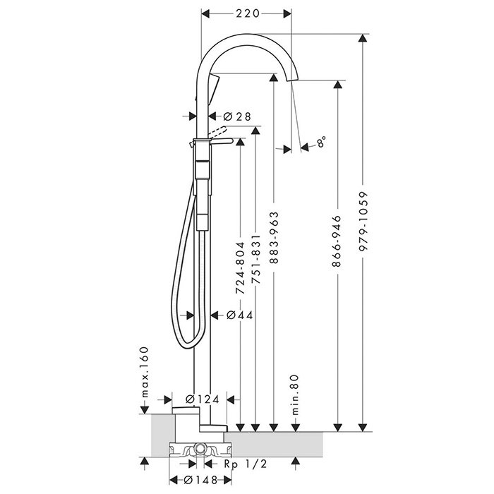 AXOR One 48440670 Напольный смеситель для ванны с душевым гарнитуром ...